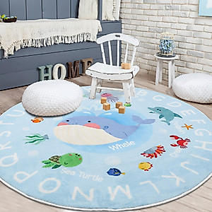 Soft Round ABC Rug for Kids Room,5.2 ft Washable Circle Nursery Rug,Non-Slip Whale Alphabet Baby Kids Rug Carpet for Nursery Playroom Bedroom Kids Room Decor