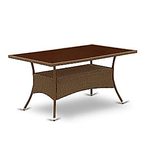 East West Furniture Oslo 7 Piece Outdoor Wicker Patio Furniture Sets Consist of a Rectangle Bistro Table with Glass Top and 6 Balcony Armchair with Cushion, 36x60 Inch, Brown