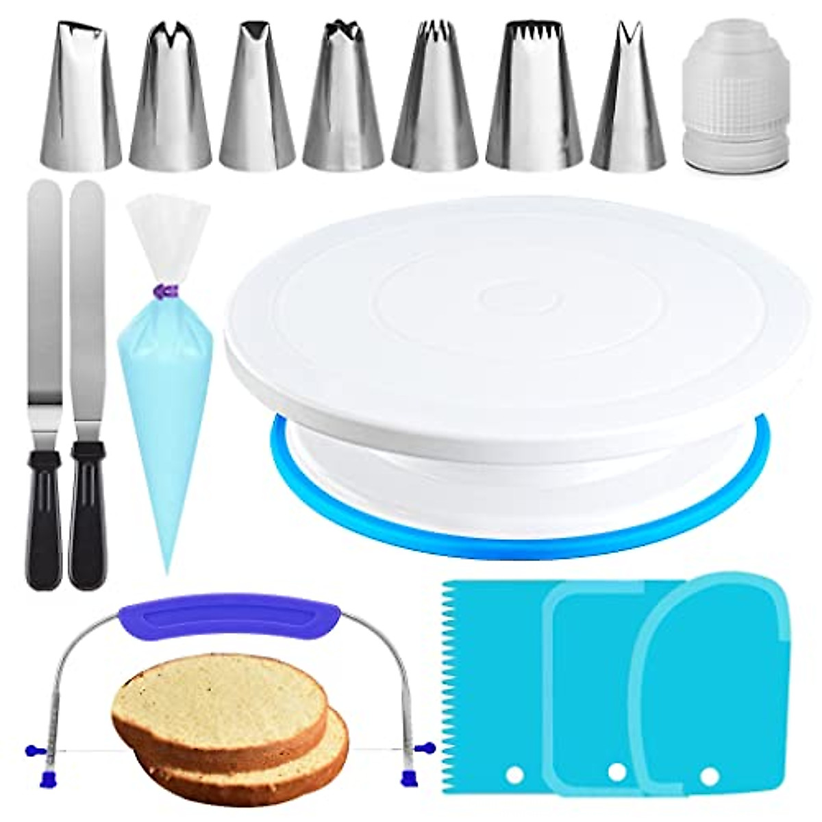 RFAQK 35PCs Cake Turntable and Leveler-Rotating Cake Stand with Non Slip pad-7 Icing Tips and 20 Bags- Straight & Offset Spatula-3 Scraper Set -EBook-Cake Decorating Supplies Kit -Baking Tools