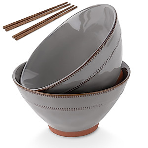 KooK Terracotta Japanese Ramen Bowls, Microwavable, Dishwasher Safe, for Rice, Udon, Soba, Pho, 36 oz, with One Set of Wooden Chopsticks, Perfect For Gifting, Set of 2 (Carbon Grey)