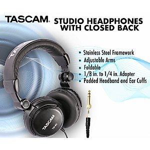 Tascam TH-03 Studio Headphones – Closed Back, Padded, Adjustable Pro Audio Headset with Gold Tip 1/8 inch to 1/4 inch Adaptor