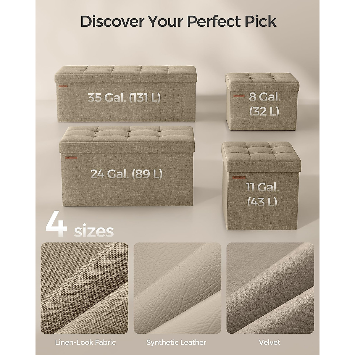 SONGMICS MAZIE Collection - Small Folding Storage Ottoman, Foot Rest Stool, 12.2 x 16.1 x 12.2 Inches, 286 lb Load Capacity, for Living Room, Bedroom, Home Office, Dorm, Light Taupe ULSF102K01