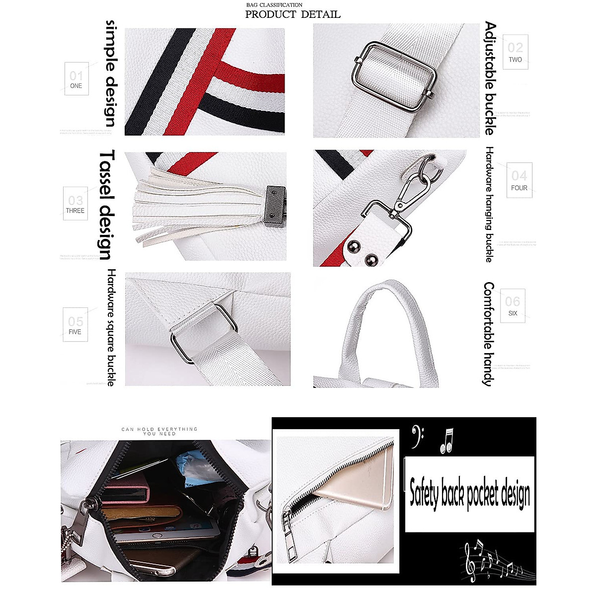 Taremoci women's backpack handbag large capacity leather bag cute women's mini backpack, black, white (White)