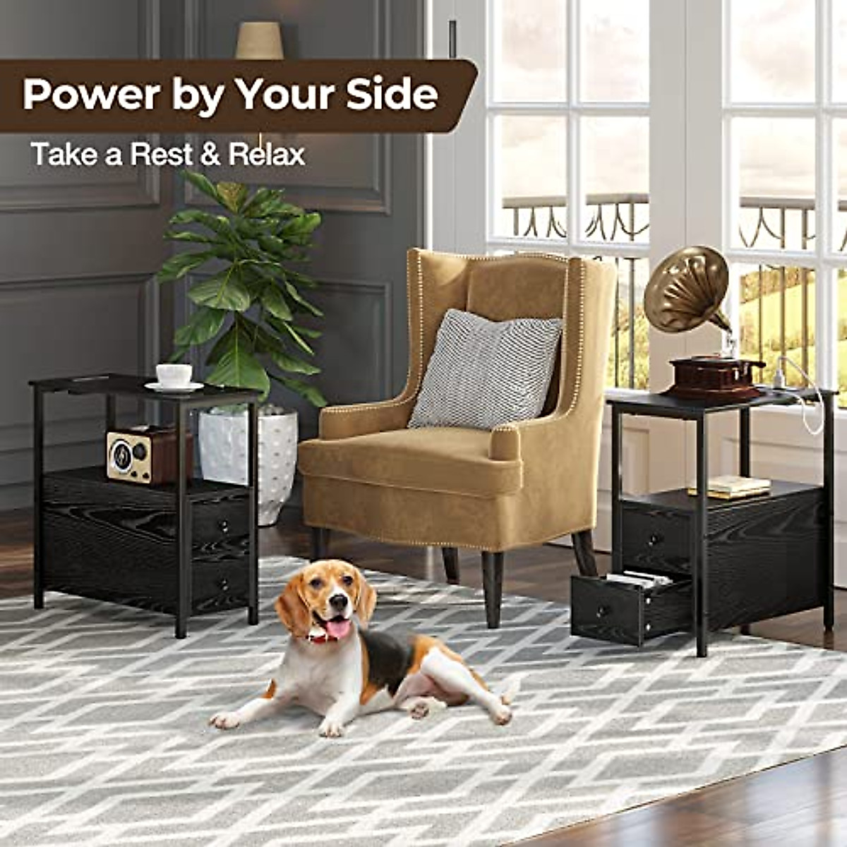 Rolanstar Computer Desk L Shaped 59'' with LED Lights and Power Outlets, Reversible L Shaped Gaming Desk Bundle End Table with Charging Station, Narrow Side Table with 2 Wooden Drawers