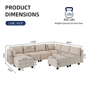 LLappuil Oversized Modular Sectional Sleeper Sofa, Convertible U Shaped Sofa Couches for Living Room, Breathable Soft Fabric, 6 Extra Deep Seats, 2 Storage Ottomans, Washable, Removable, Beige