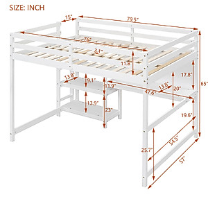 Full Size Loft Bed with Desk and Storage,Wood loft beds,for Girls Boys Teens Adults,No Box Spring Needed（White）