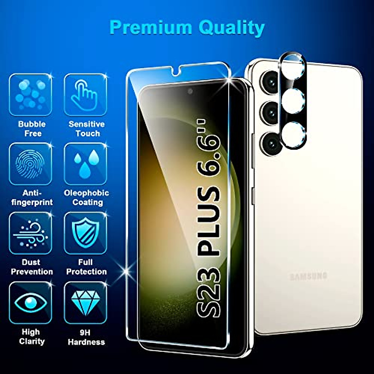 [4+3 Pack] Galaxy S23 Plus Screen Protector, 9H Tempered Glass, Ultrasonic Fingerprint Support, Case Friendly HD Clear for Samsung Galaxy S23 Plus 5G Glass Screen Protector