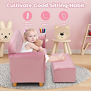 INFANS Kids Sofa with Ottoman, 2 Seat Toddler Upholstered Couch, Children Armrest Chair Lounge for Nursery Kindergarten Kids Room Boys Girls, Sturdy Wood Construction Velvet Surface (Pink, 2 Seats)