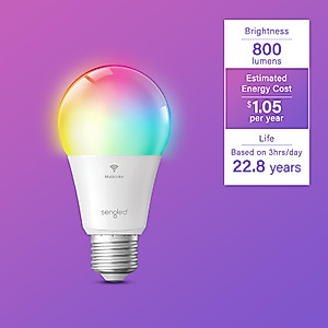 Sengled Smart Bulb, WiFi Light Bulbs, Color Changing Light Bulb, Smart Light Bulbs that Work with Alexa & Google Assistant, A19 RGB Alexa Light Bulb No Hub Required, 60W Equivalent 800LM CRI>90, 4Pack