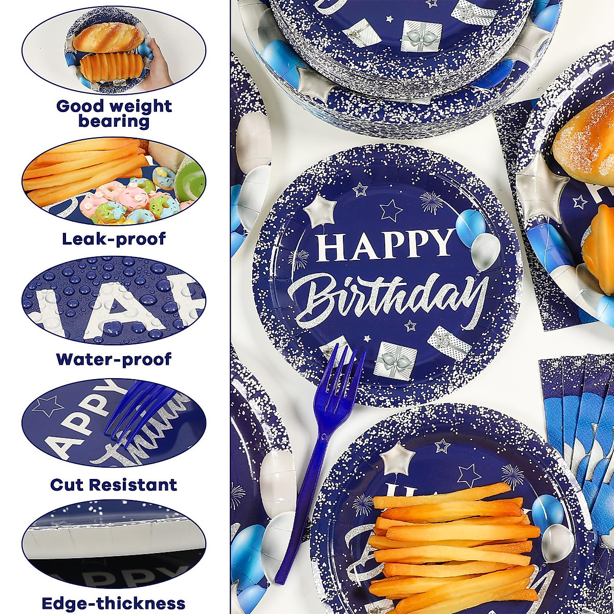 50 Guests Blue Birthday Plates Napkins Happy Birthday Plates Navy Blue and Silver Happy Birthday Plates for Men Women Disposable Paper Plates Napkins Forks Party Decorations Tableware Set 200 PCS
