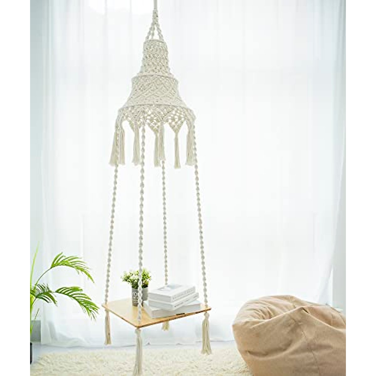 Amdermi Macrame Hanging Shelf Hanging Rope Shelf Indoor with Boho Lamp Shade Floating Square Shelves Decorative Shelf Table Holder Planter Display Rack Boho Home Decor. Ceiling Mount Rope Shelf