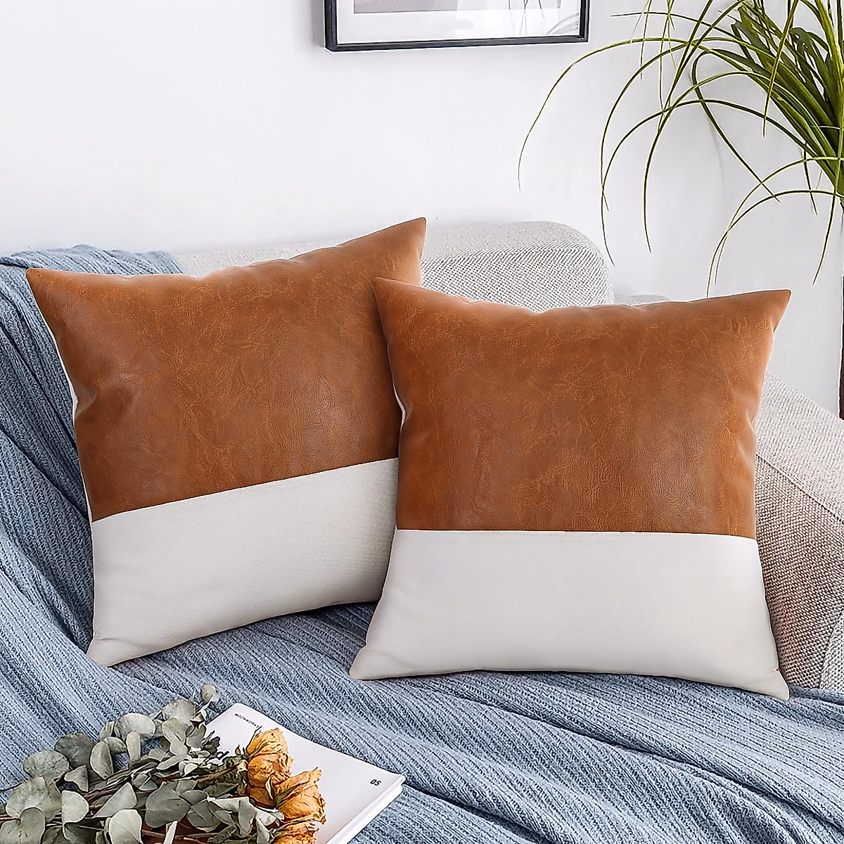 cygnus Decorative Throw Pillow Covers 18x18 Inch Faux Leather Stitching Canvas and Black Stripe Pattern Modern Farmhouse Covers Set of 4