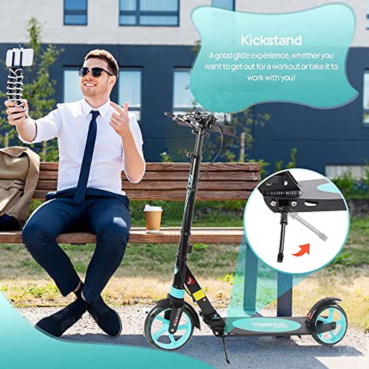 TENBOOM Scooter for Ages 8+ Teens and Adults Kick Scooter Foldable with Double Braking System Bells Adjustable Handlebars Kickstand Max Load 220 LBS 8" Big Wheels