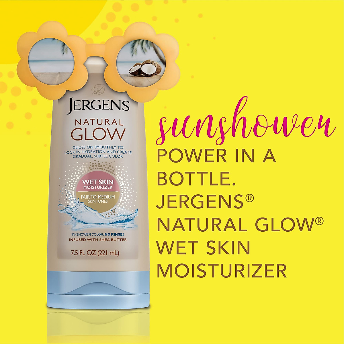 Jergens Natural Glow In-shower Lotion, Self Tanner for Medium to Deep Skin Tone, Wet Skin Lotion, Sunless Tanner Locks in Hydration for Gradual, Flawless Color, 7.5 Ounce (Pack of 2)