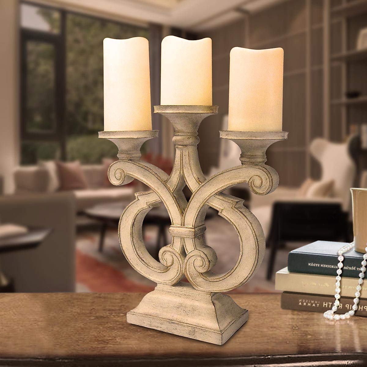 Antique Resin Candle Holder W/3 Arms,Fit 3.1" Candle, 11.8" H Candle Holders ,Ideal for LED & Pillar Candles, Gifts for Wedding,Party, Home, Spa, Reiki, Aromatherapy,Votive Candle Gardens.