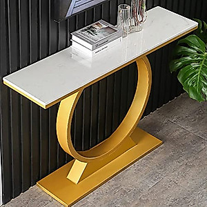 WebErt Coffee Table White Marble Narrow Table, 31.4 Inch Console Table with Metal Base, Foyer Table for Living Room, Entryway Side Table