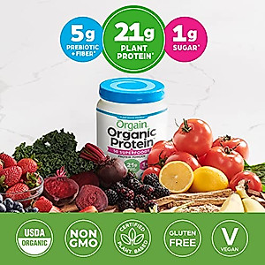 Orgain Organic Protein + Superfoods Powder, Vanilla Bean - 21g of Protein, Vegan, Plant Based, 5g of Fiber, No Dairy, Gluten, Soy or Added Sugar, Non-GMO, 2.02lb
