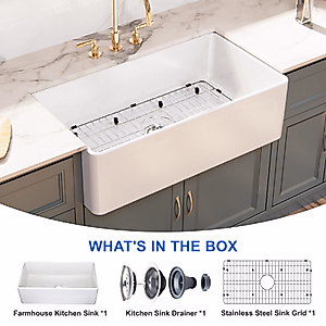 ELLAI Farmhouse Sink 30 Inch Beige Fireclay Apron Front Single Bowl Deep Drop In Kitchen Sink Undermount Farm Sink with Bottom Grid & Strainer, 30”x18”x10” Reversible Matte Biscuit