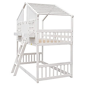 DEYOBED Twin Over Twin House Bed, Twin Bunk Beds Frame with Roof and Window Door, Window Box, Ladder, Wooden Playhouse Bunk Bed for Kids Girls Boys Teens, White