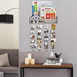 Satauko Floating Shelves Storage for Photo Hanging Display, Wooden Picture Frames Collage with 24 Clips, Wall Mounted Shelf Décor for Pictures Organizer. (Grey)
