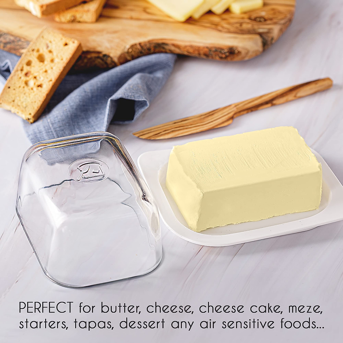 Crystalia Butter Dish with Lid, Large Plastic Butter Keeper with Glass Cover, Cute European Butter Stick Holder, Vintage Butter Tray for Countertop, Big Traditional Clear Glass Cream Cheese Dish