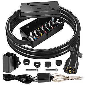 CircleRoad 7 Way Trailer Cord 8 Feet with 7 Gang Junction Box Kit, 7 Way Trailer Wiring Harness Kit and Trailer Breakaway Kit, 12V Emergency Breakaway Switch and Plug Holder, Waterproof, Dustproof