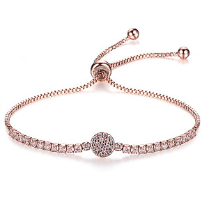 Micropave Disc Bolo Bracelet Adjustable 10 Inch 14K Rose Gold Plating