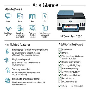 HP Smart -Tank 7602 Wireless All-in-One Cartridge-free Ink Printer, up to 2 years of ink included, mobile print, scan, copy, fax, auto doc feeder, featuring an app-like magic touch panel (28B98A)