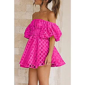 PRETTYGARDEN Women's Off The Shoulder Babydoll Dress Short Puff Sleeve Casual A Line Ruffle Summer Dresses (Plaid Rose Red,Medium)