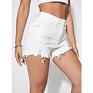 WDIRARA Women's Mid Rise Raw Hem Distressed Ripped Casual Denim Shorts Snow White M