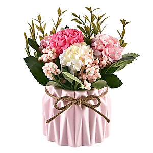 Sunm Boutique Artificial Hydrangea Bouquet with Small Ceramic Vase, Artificial Hydrangea Flower Potted Fake Variety Silk Flower Bonsai for Table Party Office Wedding Home Decor, Pink