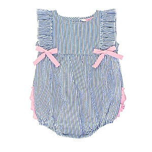 RuffleButts® Baby/Toddler Girls Blue Seersucker Ruffle Romper - 6-12m