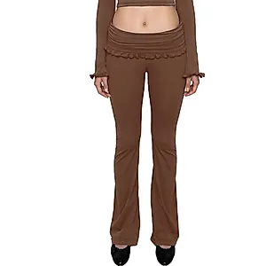 Women Low Rise Flare Leggings Y2k Fold Over Yoga Pants Bootcut Stretchy Skinny Sweatpant Lounge Workout Athletic Wear (Ruffle Hem, Brown, S)
