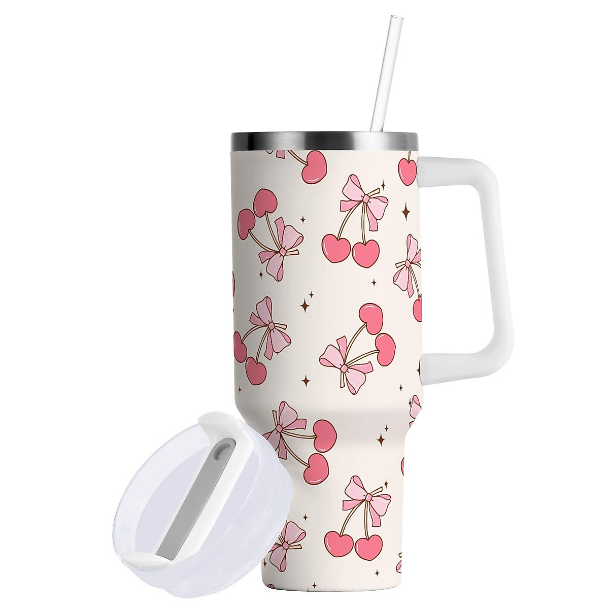 Slewiaeky Bow Coquette Heart 40 oz Tumbler with Handle Straw and Lid Cherry Stainless Steel Vacuum Insulated Reusable Water Bottle Glasses Travel Mug Thermal Cup for Home Office Car