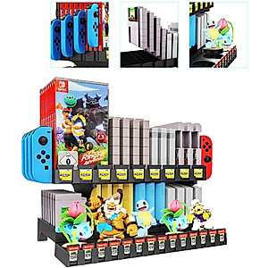 Skywin- Retro Cartridge Game Holder Compatible with Nintendo Gameboy, Video Game Storage, NES, N64, and 3DS Games, Includes Slots for Switch Tablet, Joycon Controllers, and Amiibo Display