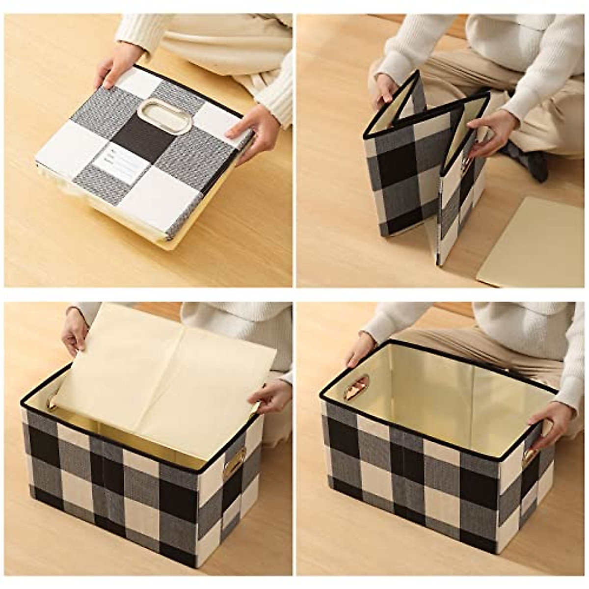 ANMINY 2PCS Storage Bins Set Cotton Linen Fabric Open Storage Basket Box Foldable Washable Rectangular Cube Organizer with Handles Label Window Pocket Thick PP Plastic Board - Medium, Black Plaid