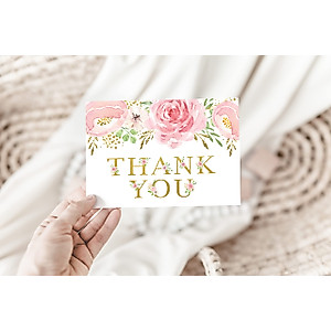 Pink and Gold Floral Thank You Cards, Great for Baby Wedding Bridal Shower, Birthday, Baptism, Any Occasion, 50 Thank You Cards and Envelopes