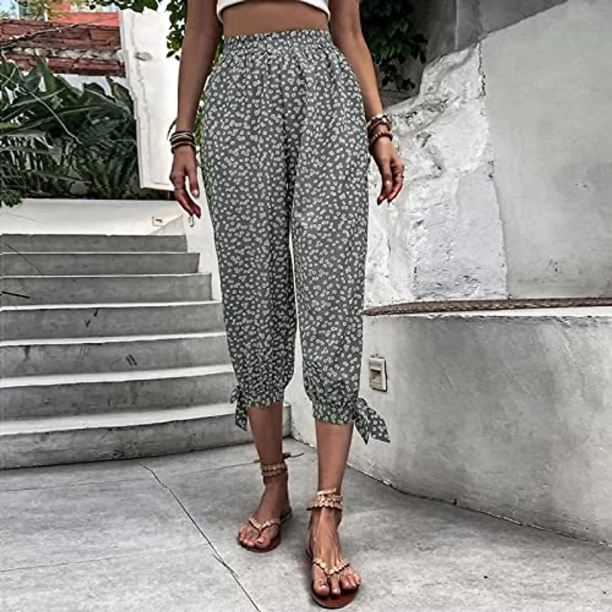 DUOWEI Women Pants for Work Casual Womens Flower Prinnted Linen Capri Pants Elastic Waist High Waist Work Pants for Women Green