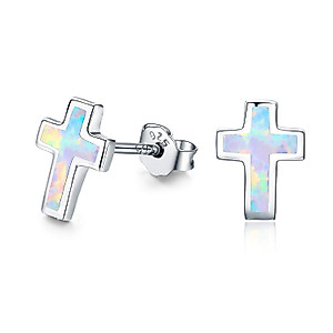 Opal Cross Stud Earrings, 925 Stertling Silver Hypoallergenic Anchor Stud Earrngs and Tiny Opal Cross Studs Jewelry Gifts for Women (Opal Earrings) (Cross)