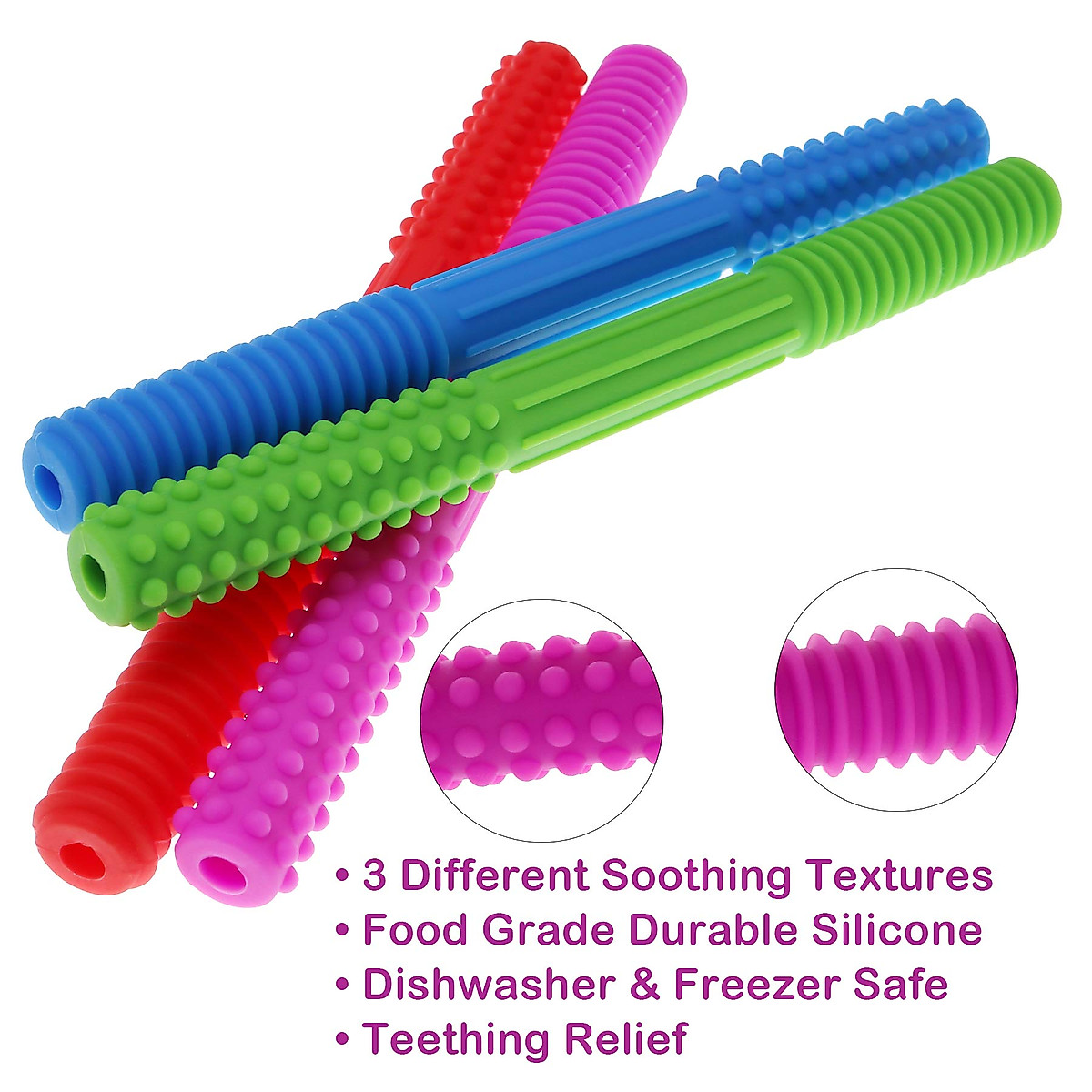 Munchewy Sensory Teething Tubes(4 Pack), Soft Silicone Hollow Teether Chew Toy for Babies, Toddlers, Kids, Boys, Girls with Autism, ADHD, SPD, Biting, Teething, Sensory Needs(Blue,Green,Purple,Red)