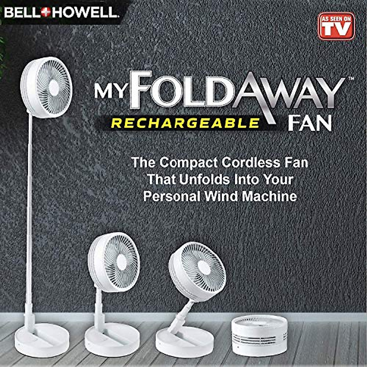 Bell+Howell My Foldaway Fan Rechargeable Fan Ultra Lightweight Portable Compact Extendable to 4 Feet High with 3 Speed Modes As Seen On TV
