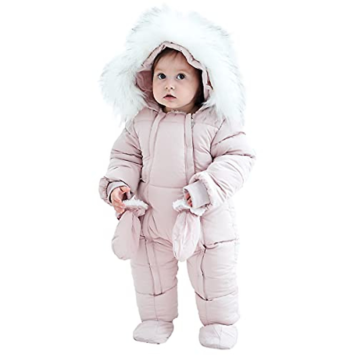 Baby Girls Winter Snowsuit Thicken Onesie Fleece Hooded Long Sleeve Down Coat Newest Baby Romper for 18-24 Months Girls Pink（A1）