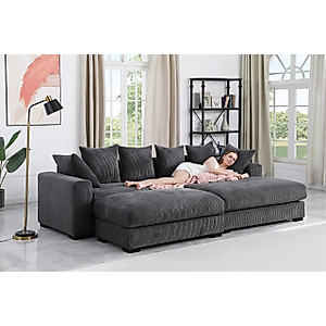 DREAMODERN 109.75'' Sectional Sofa Couch with Removable Ottoman, Luxury Upholstered Sofa Corduroy Fabric Couch with Chaise Lounge 6 Pillows for Living Room Home Office - Drak Gray