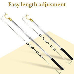 Clothes Hook Pole, Closet Hooks for Hanging Clothes,extends from 26 inches to 56 inches with hooks Long Rod, Closet Hook Rod Made of Stainless Steel,Comfortable Foam Handles and C-Head Designs