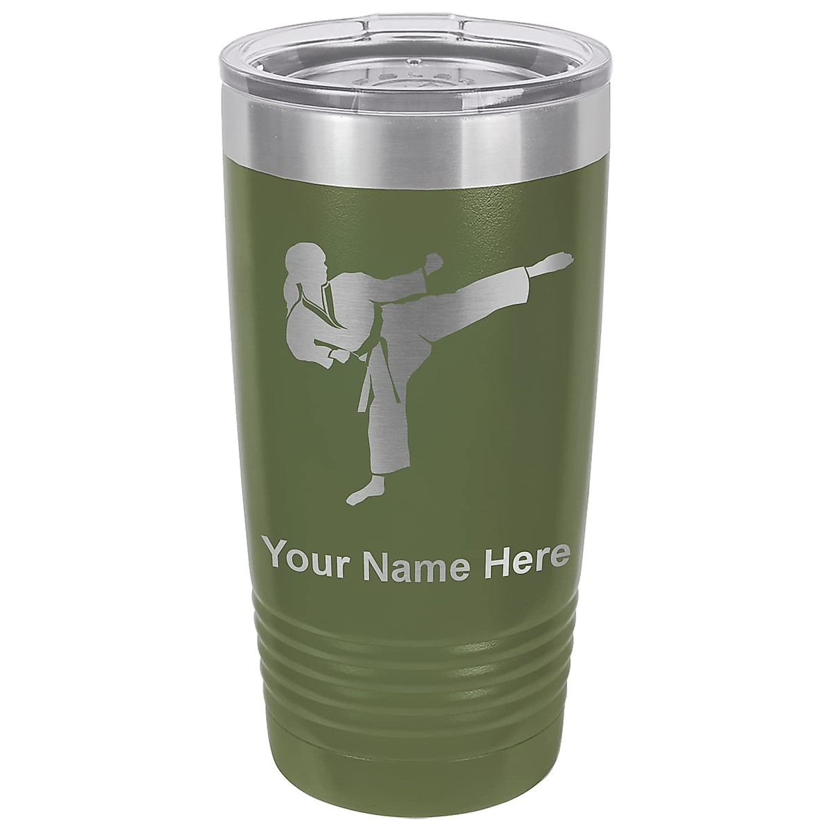 LaserGram 20oz Vacuum Insulated Tumbler Mug, Karate Woman, Personalized Engraving Included (Camo Green)