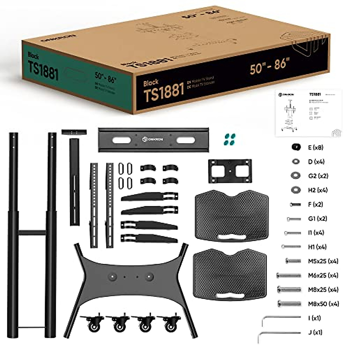 ONKRON Mobile TV Stand for 50" - 86" TVs up to 200 lbs - Adjustable TV Stand Portable - max VESA 800x500 - Tall TV Stand with Wheels/Mobile TV Cart Rolling TV Stand on Wheels Black