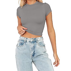 TECREW Women Cute Short Sleeve Round Neck Stretchy Athletic Gym T Shirts Crop Tops Tees, Grey, Medium