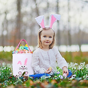 3Pcs Easter Basket for Kids Easter Bunny Canvas Candy Basket Bulk, DIY Personalized Easter Large Buckets Tote Bags Egg Hunt Gifts Basket Easter Party Favors Decorations with 2Pcs Double Line Pens