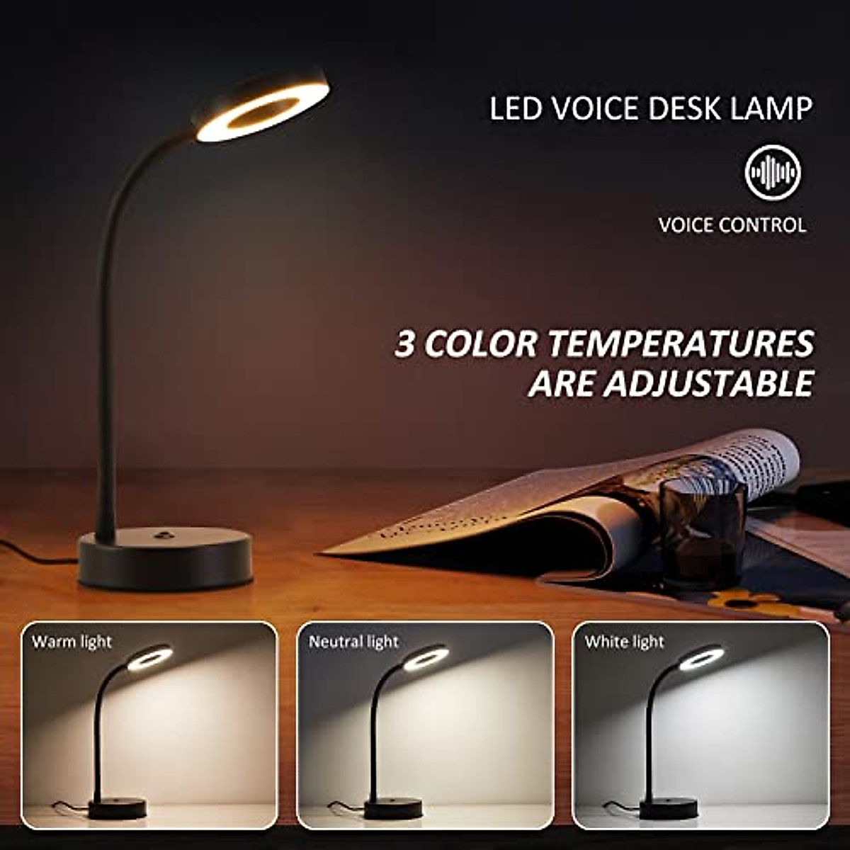 Chener Smart Voice Control Desk Lamp, Hand Free No Networking Required, Warm/Day/Cool White 3 Lighting 5 Brightness USB+AC Dimmable Desk Light, Eyes Care Flexible Gooseneck Table Lamp Night Light