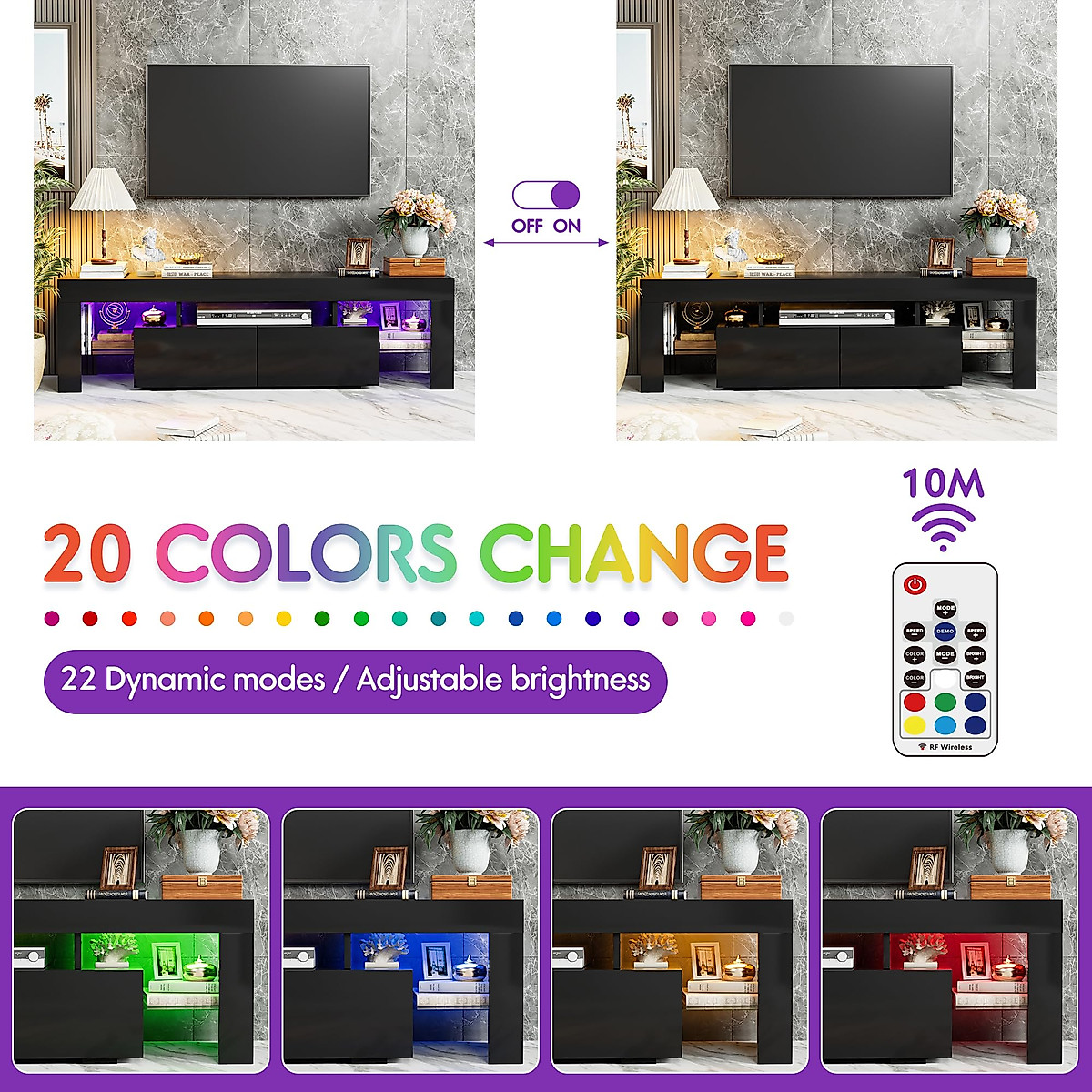 JUMMICO TV Stand, Modern Lighting TV Cabinet Entertainment Center Media and Open Shelf, TV Console Table with 1 Drawer and Remote Control, 20 Color LED Lights up to 70 Inch TV (Black)